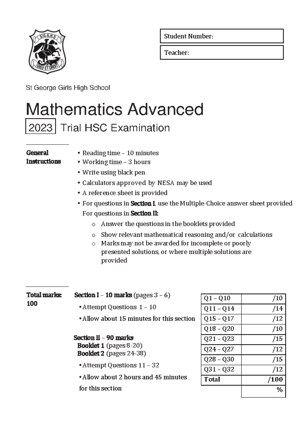 Sgghs 2023 2U wsols - St George Girls High School Mathematics Advanced ...