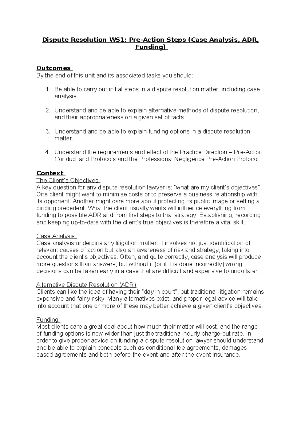 Dispute Resolution WS1 - Understand and be able to explain alternative methods of dispute - Studocu