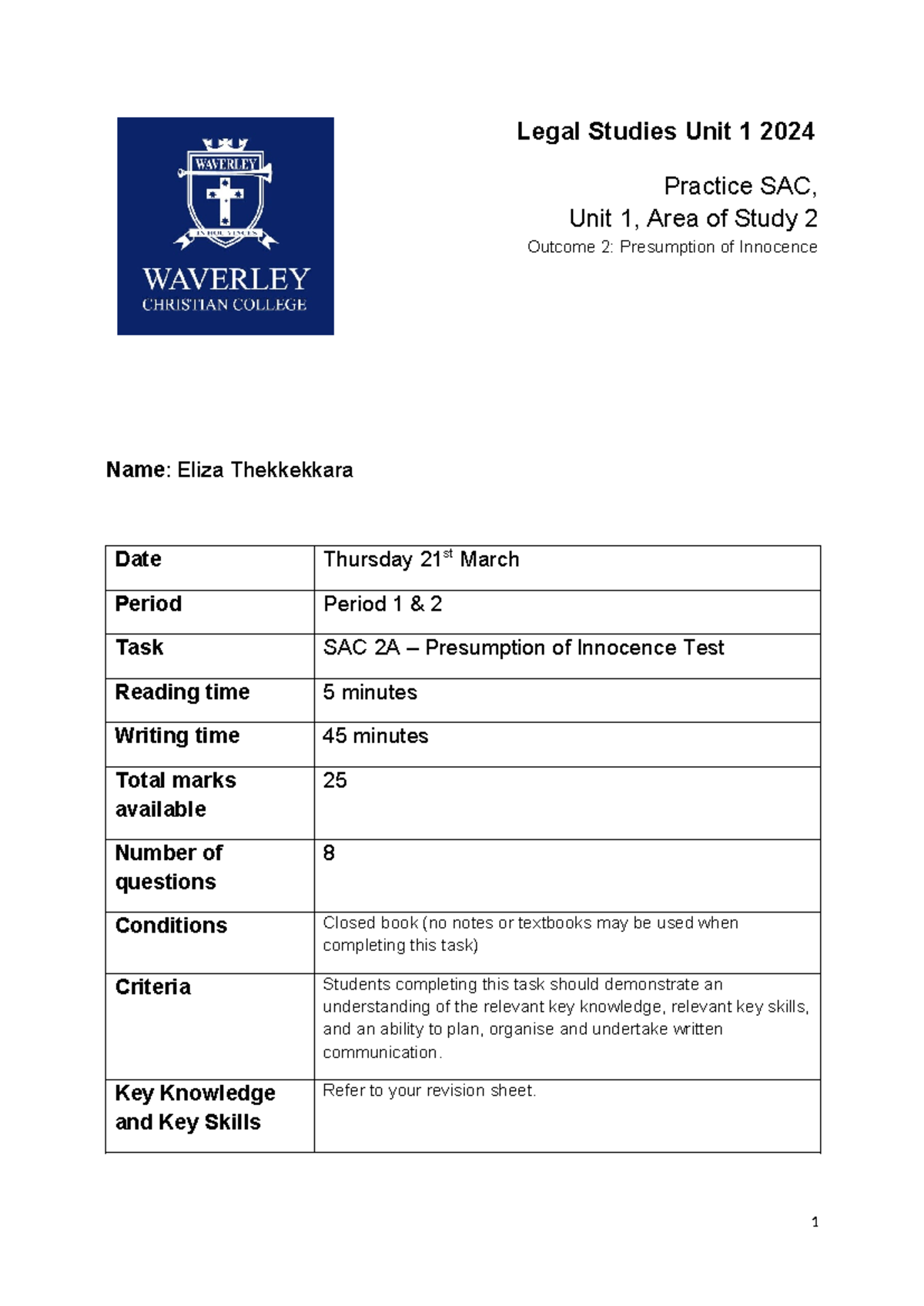 Practice SAC - Legal Studies Unit 1 2024 Practice SAC, Unit 1, Area of ...