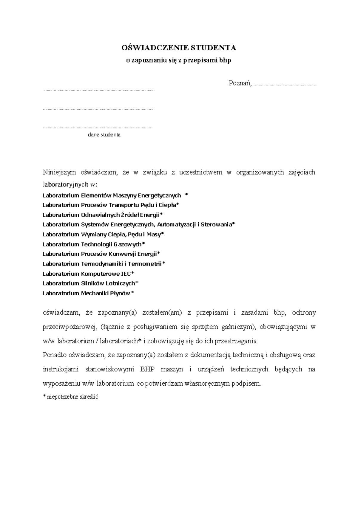 6. Oświadczenie bhp - .jznz - OŚWIADCZENIE STUDENTA o zapoznaniu się z ...