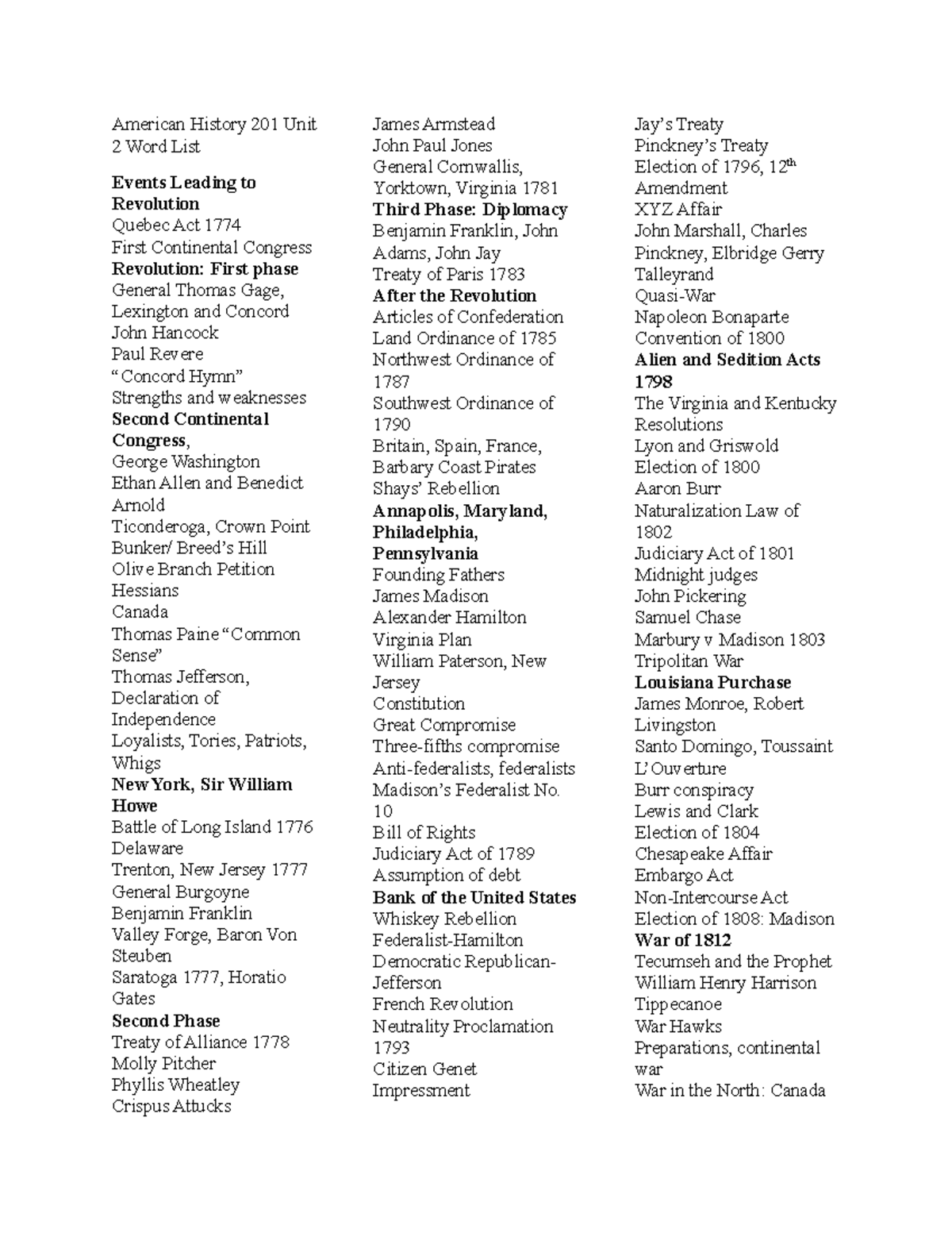 Exam 2 Word List - riley trisler - American History 201 Unit 2 Word ...