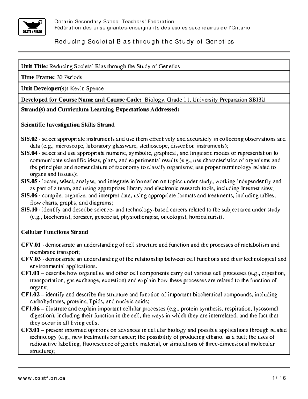 Genetics-unit-plan - unit plan - Fédération des enseignantes ...