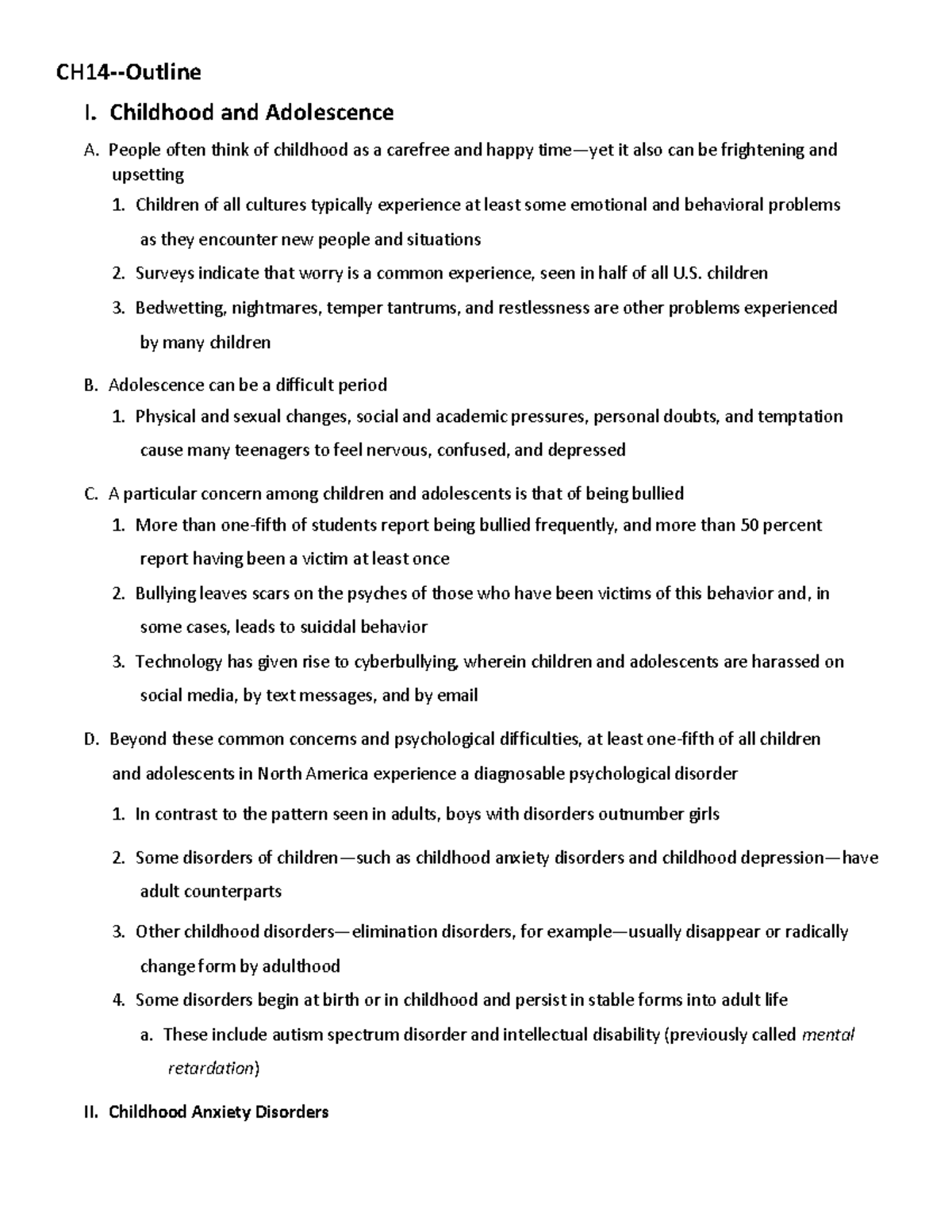 CH14 Outline - CH 14 -Outline I. Childhood and Adolescence A. People ...