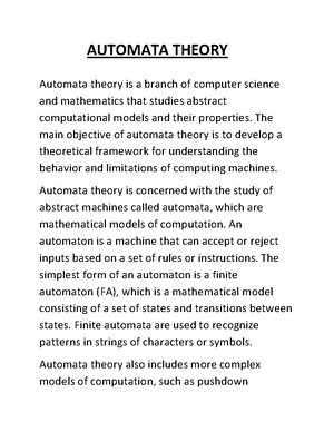 Automata Theory - AUTOMATA THEORY Automata theory is a branch of computer science and ...