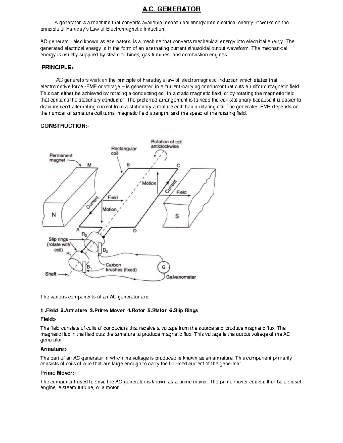 AC Generator - Notes - A. GENERATOR A generator is a machine that ...