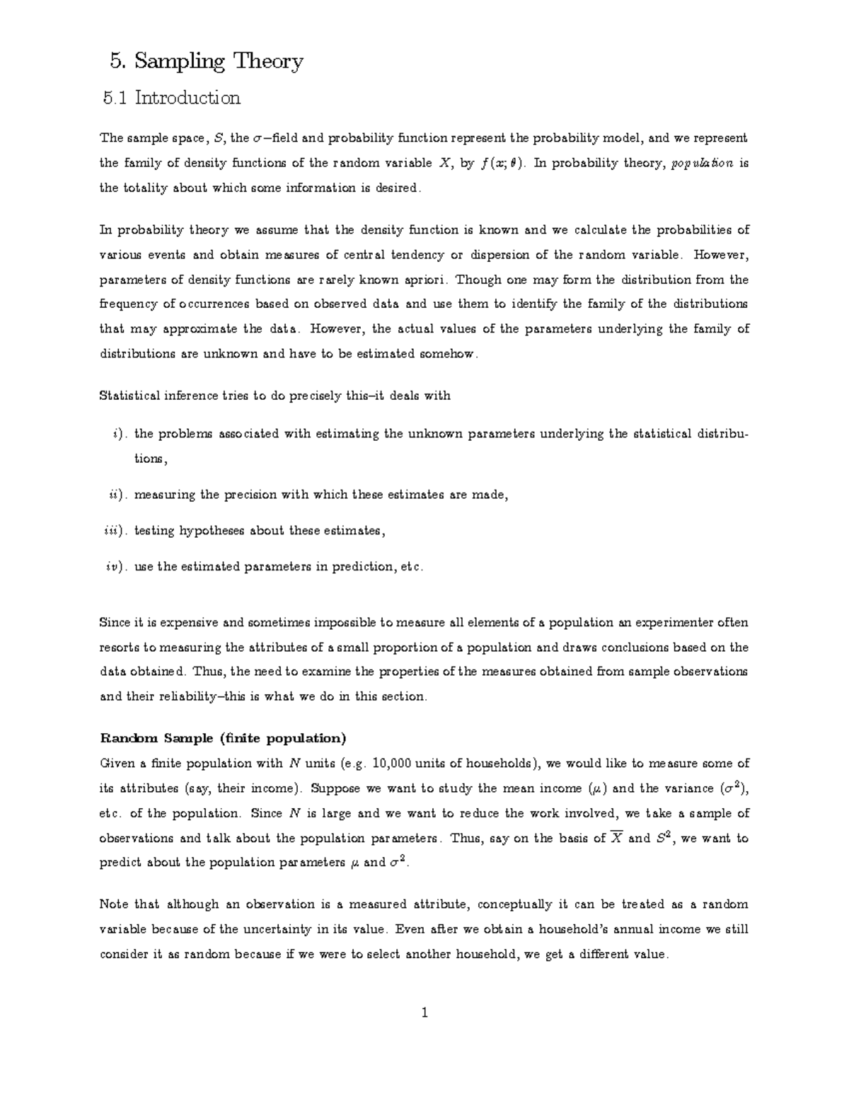 Econ-2042- Unit 5-HO - Useful - 5. Sampling Theory 5 Introduction The ...
