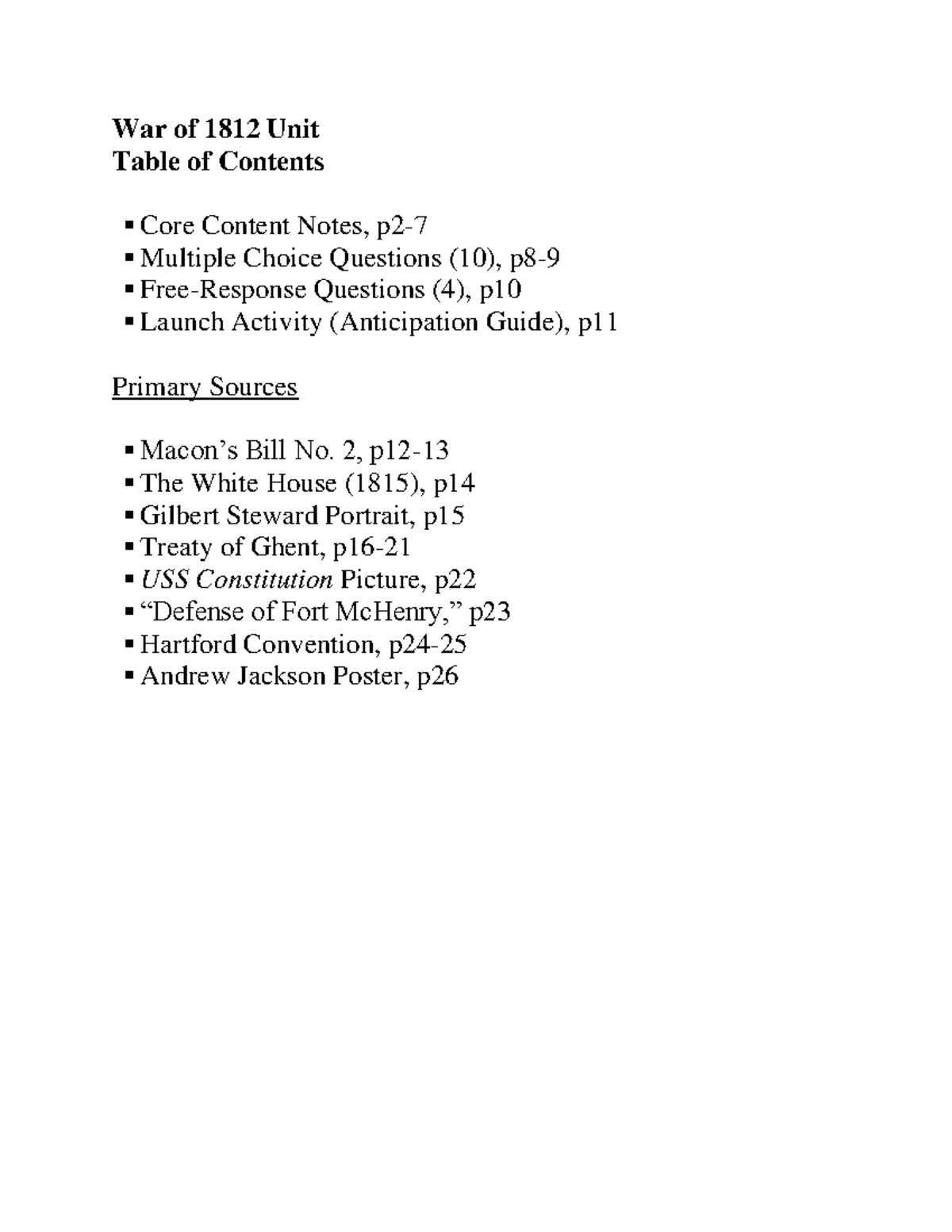 War of 1812 Notes - War of 1812 Unit War of 1812 Core Content Notes ...