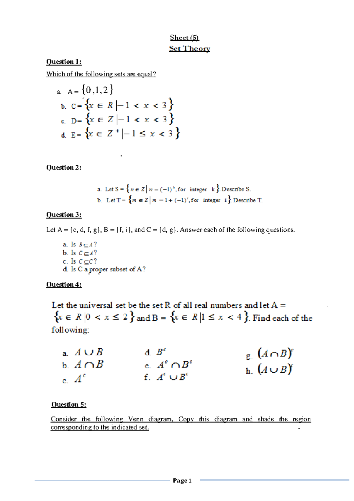 Sheet 5 - Set Theory - Page 1 Sheet (5) Set Theory Question 1: Which of ...
