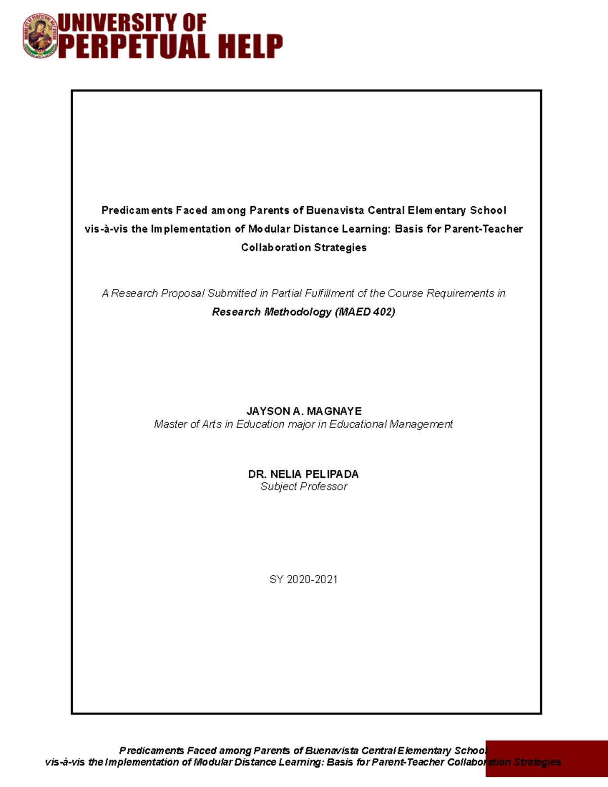 Thesis Proposal Sample - Predicaments Faced among Parents of Buenavista ...