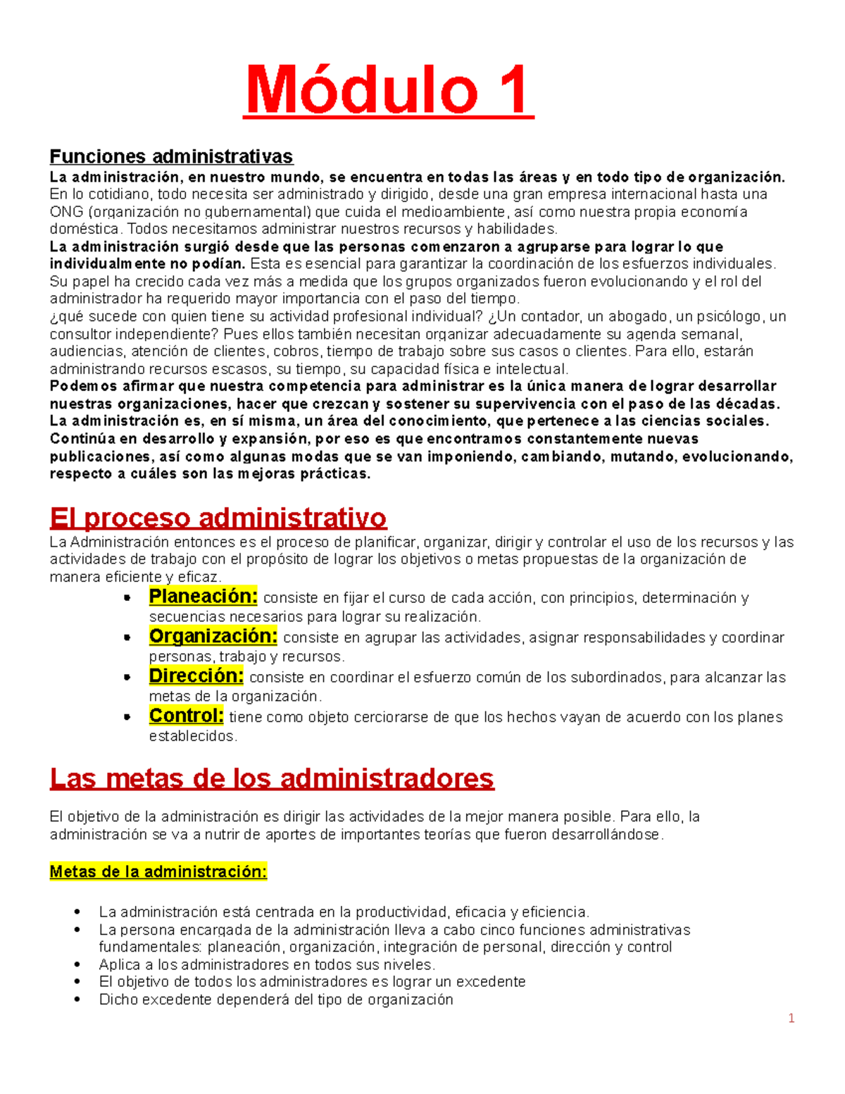 Resumen Administracion - Módulo 1 Funciones administrativas La ...