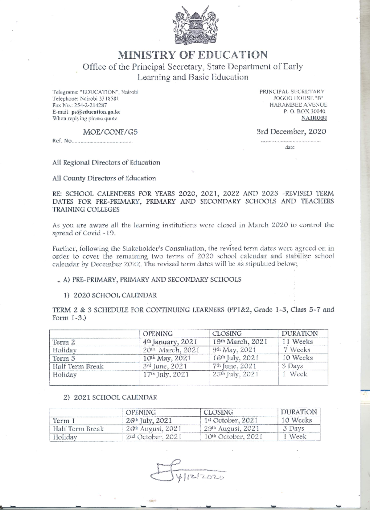Circular Letter TERM Dates - Education - Studocu