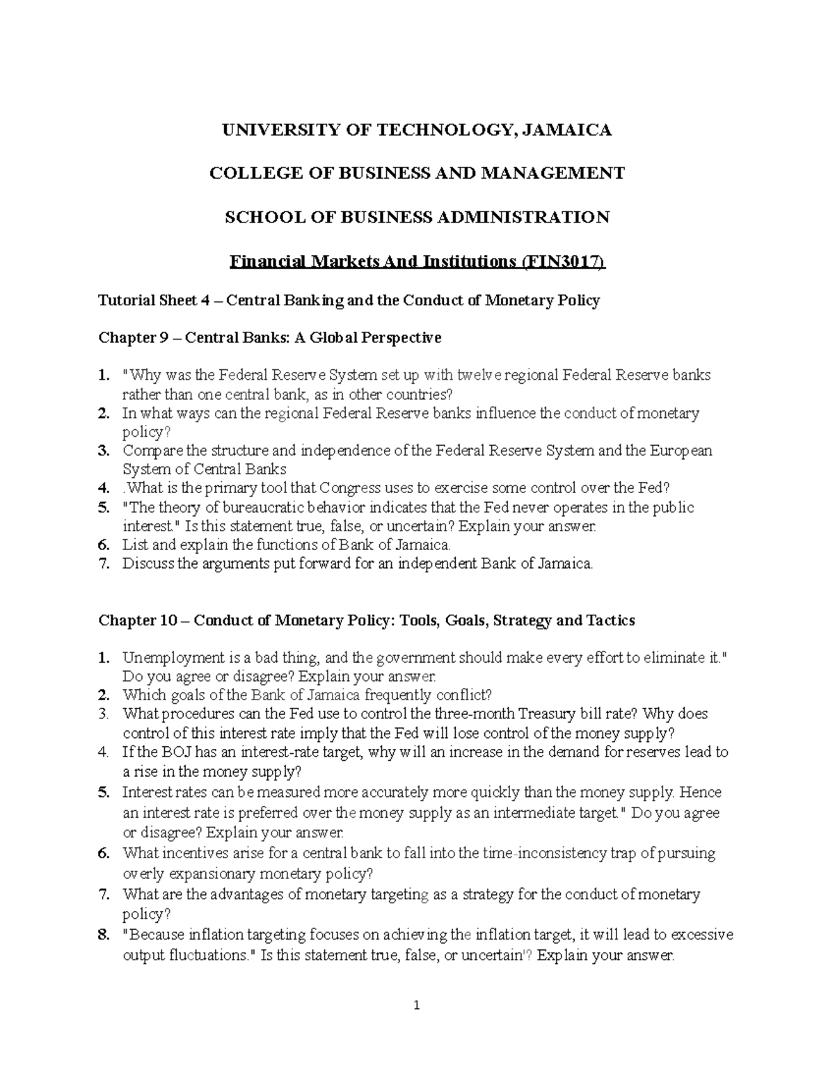 Tutorial Sheet 4 - RESEARCH - UNIVERSITY OF TECHNOLOGY, JAMAICA COLLEGE ...