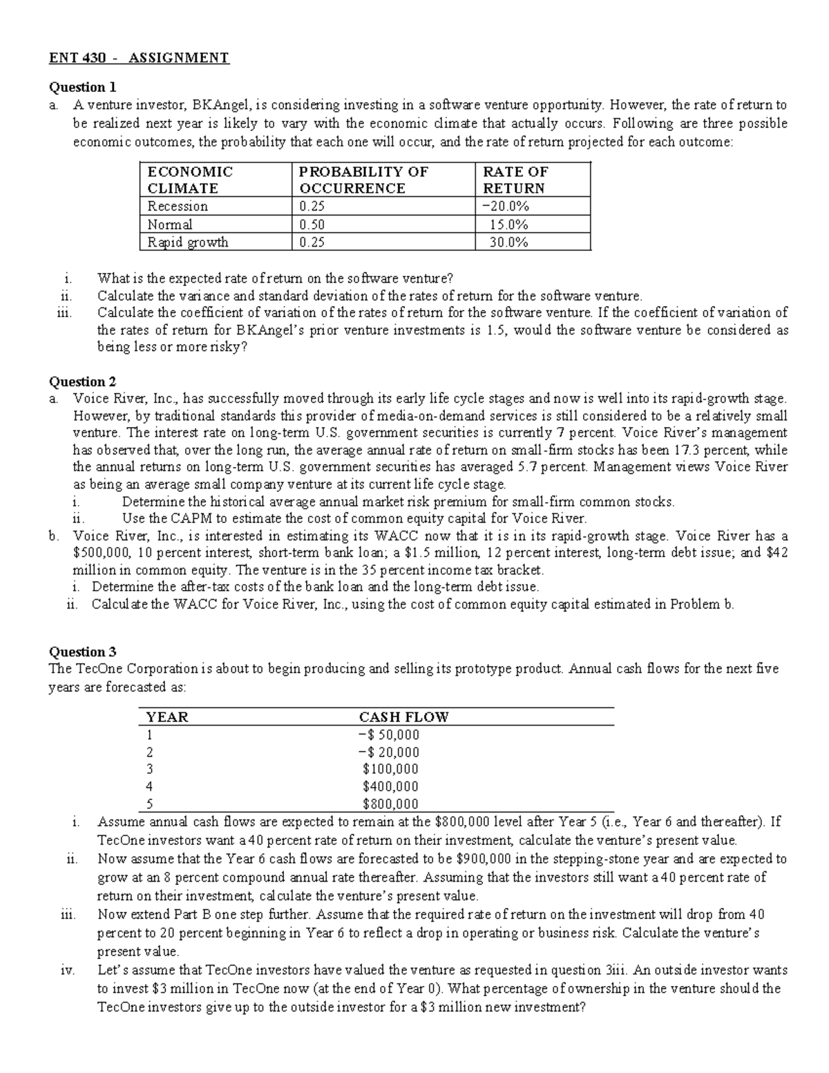 ENT 430 Assignment Fall 2024 - ENT 430 - ASSIGNMENT Question 1 a. A ...