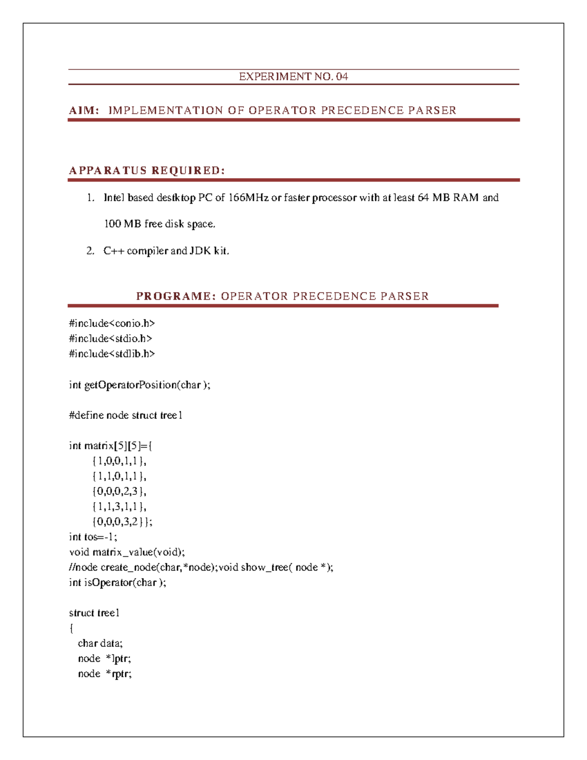 Experiment 4 - EXPERIMENT NO. 04 AIM: IMPLEMENTATION OF OP ERATOR PRECEDENCE PA RSER APPARATUS ...