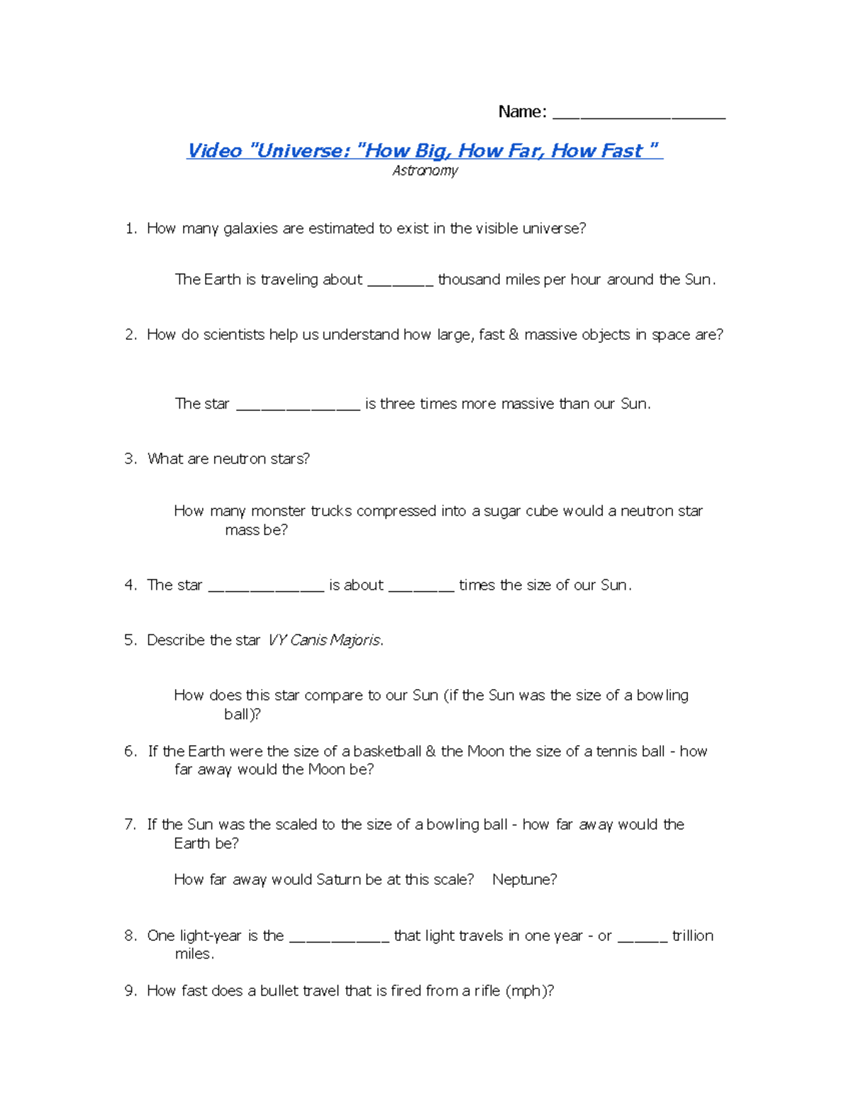 Universe How Big How Far How Fast - Name: ___________________ Video ...