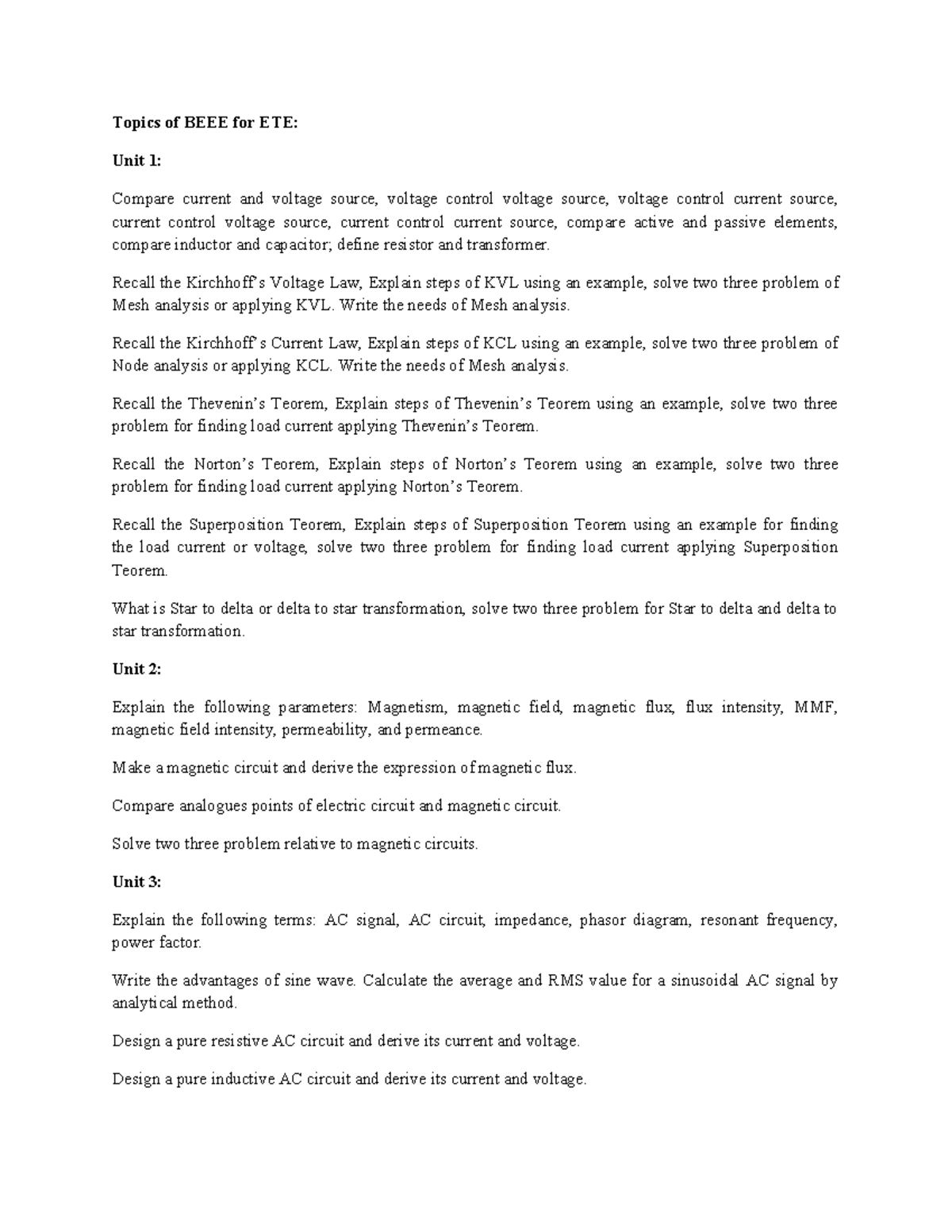 BEEE Topics for ETE - Topics of BEEE for ETE: Unit 1: Compare current ...