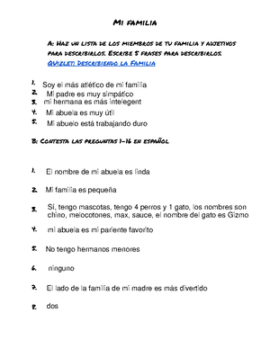La Familia Worksheet - For spanish - Studocu