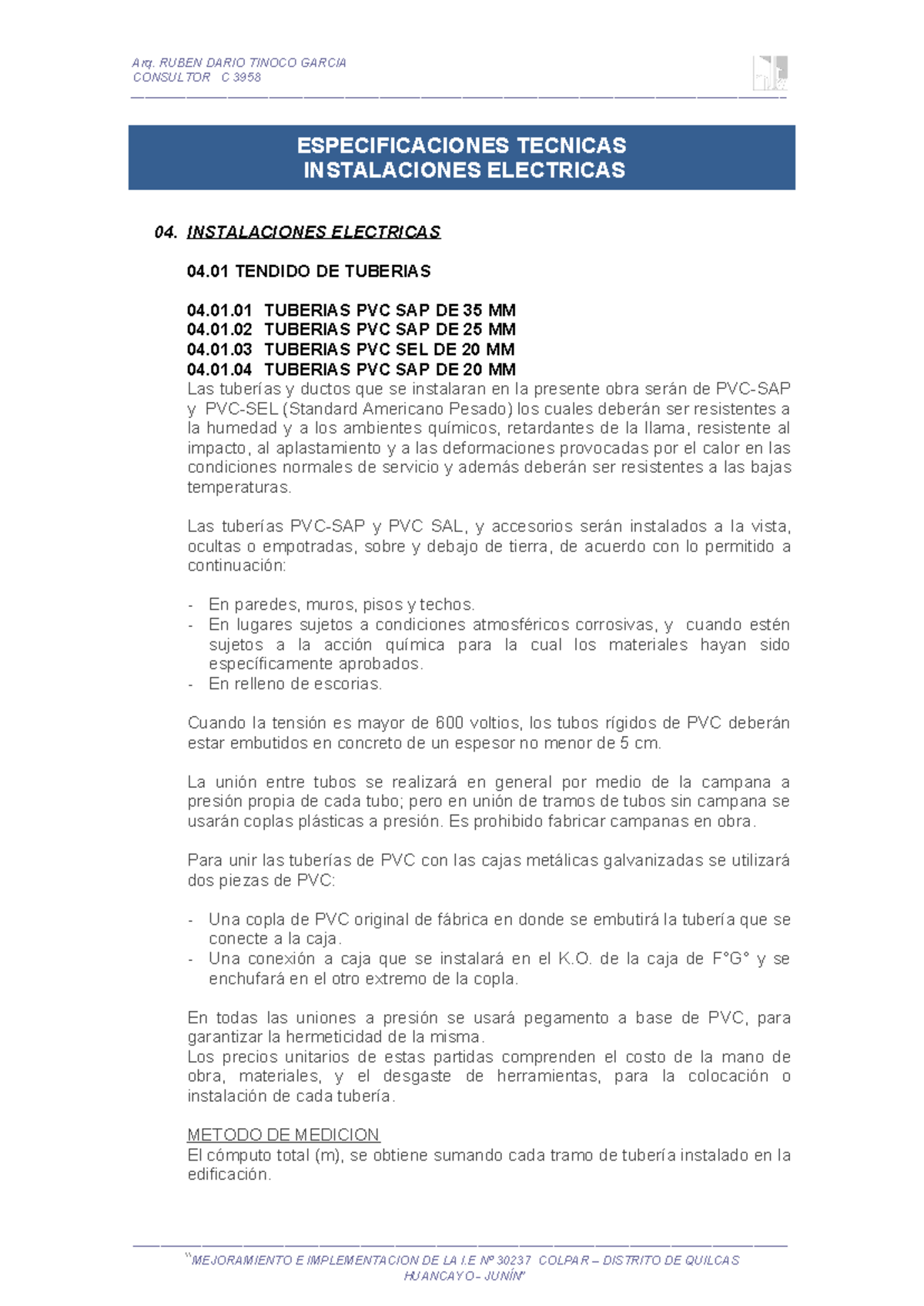 Especificaciones Tecnicas DE Instalaciones Electricas - CONSULTOR C 3958 - Studocu
