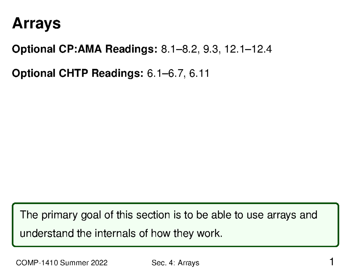 04 Arrays Post Summer Course Arrays Optional Cp Ama Readings 8 8 9 12 12 Optional Chtp
