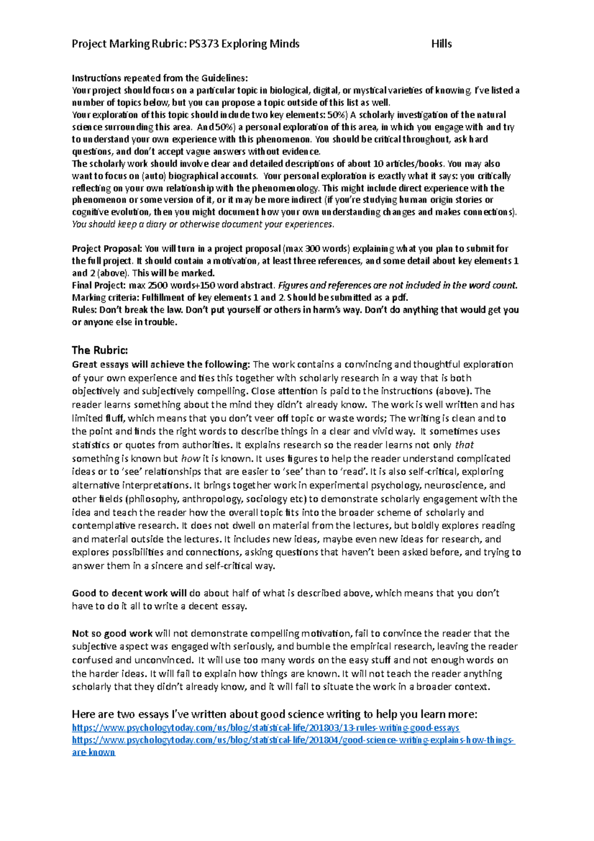 Project Marking Rubric 2122 - Project Marking Rubric: PS373 Exploring ...