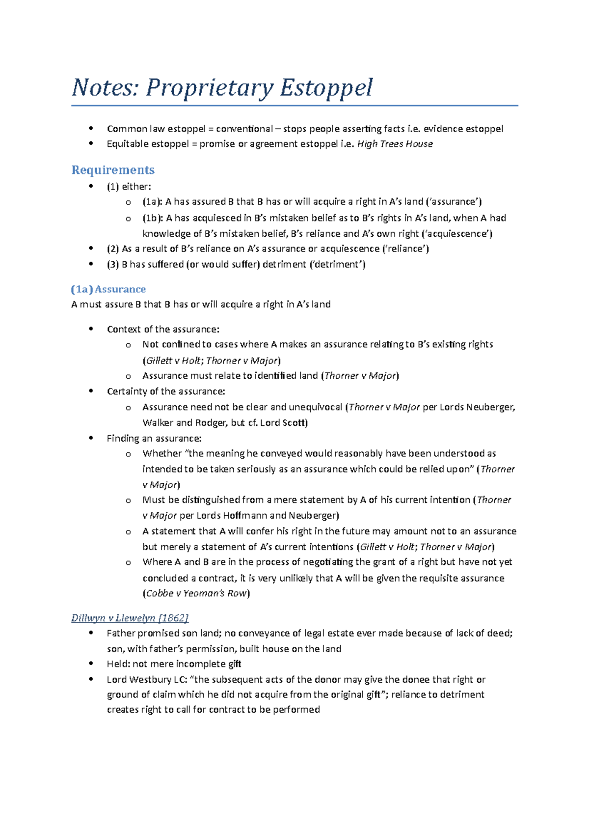 Notes Proprietary Estoppel - evidence estoppel Equitable estoppel ...