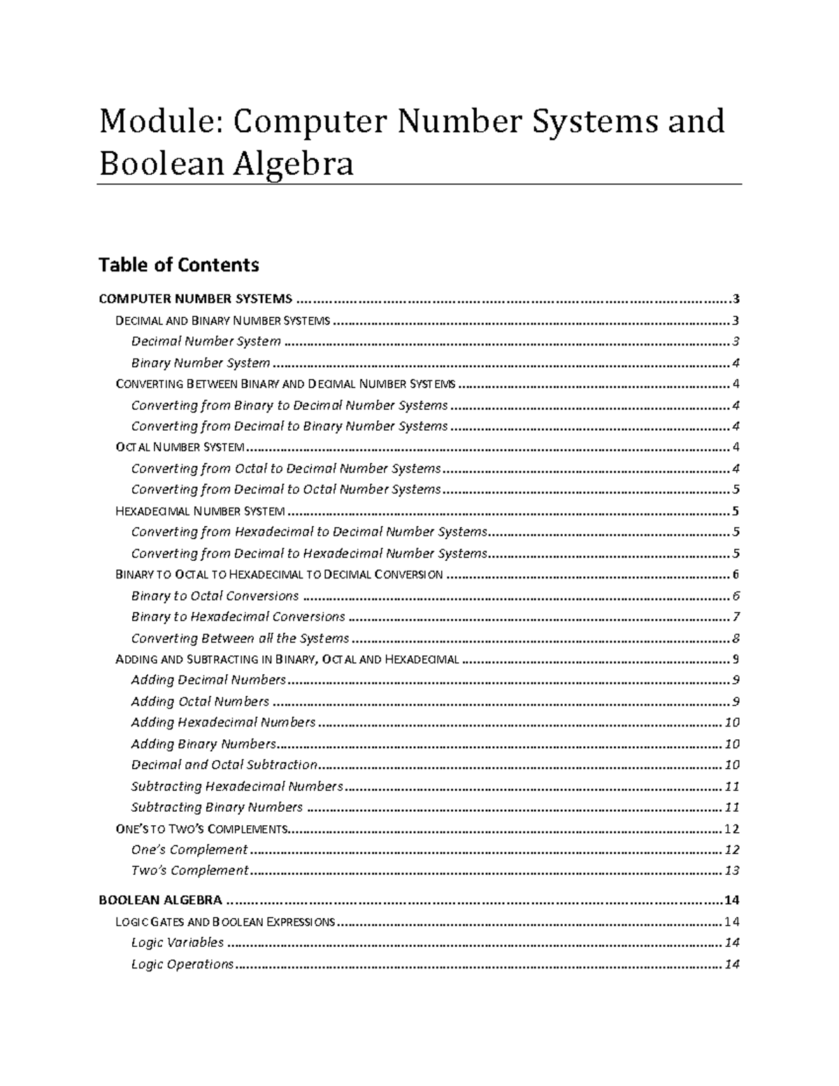 Computer Number Systems And Boolean Algebra Workbook Module Computer Number Systems And