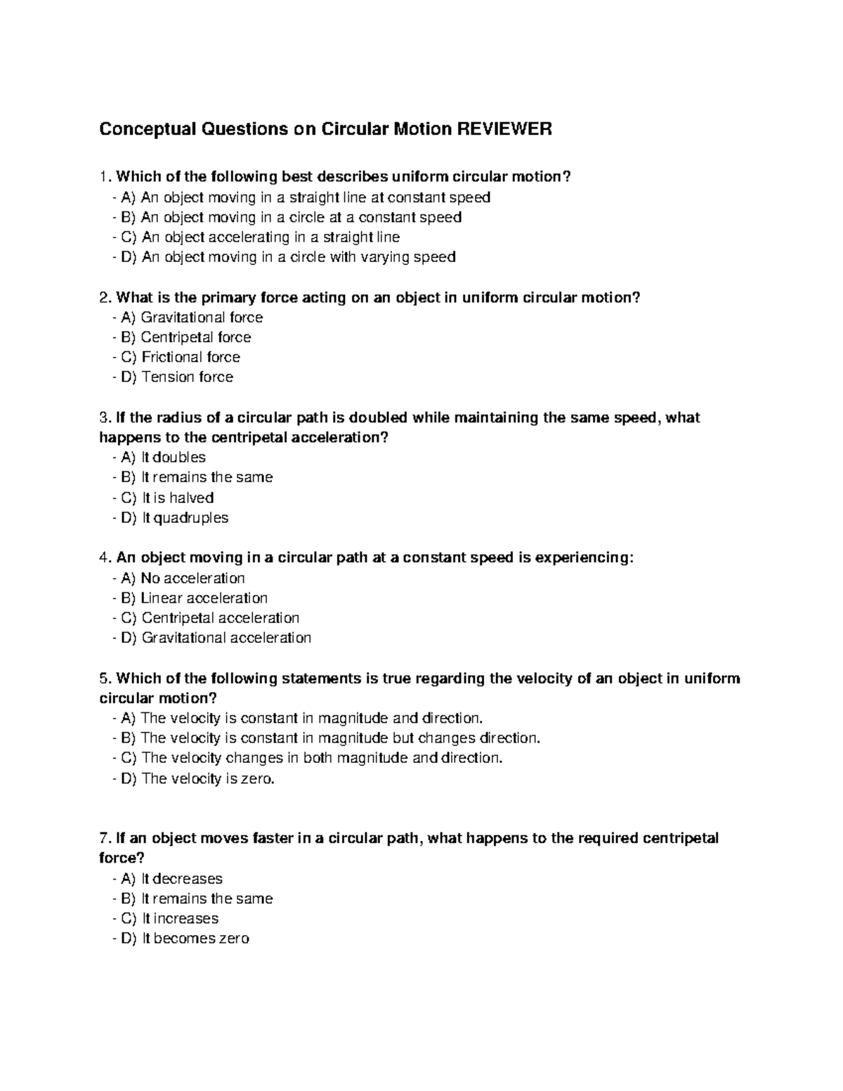 Circular Motion Reviewer - Conceptual Questions on Circular Motion ...