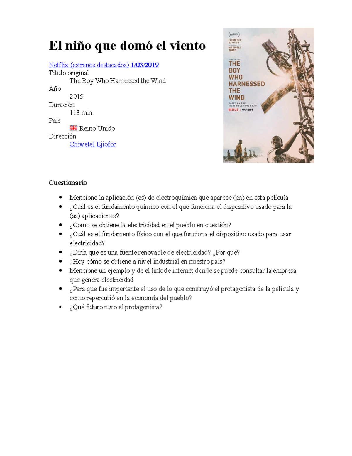 Video y cuestionario El niño que domó el viento Pelicula - El niño que ...