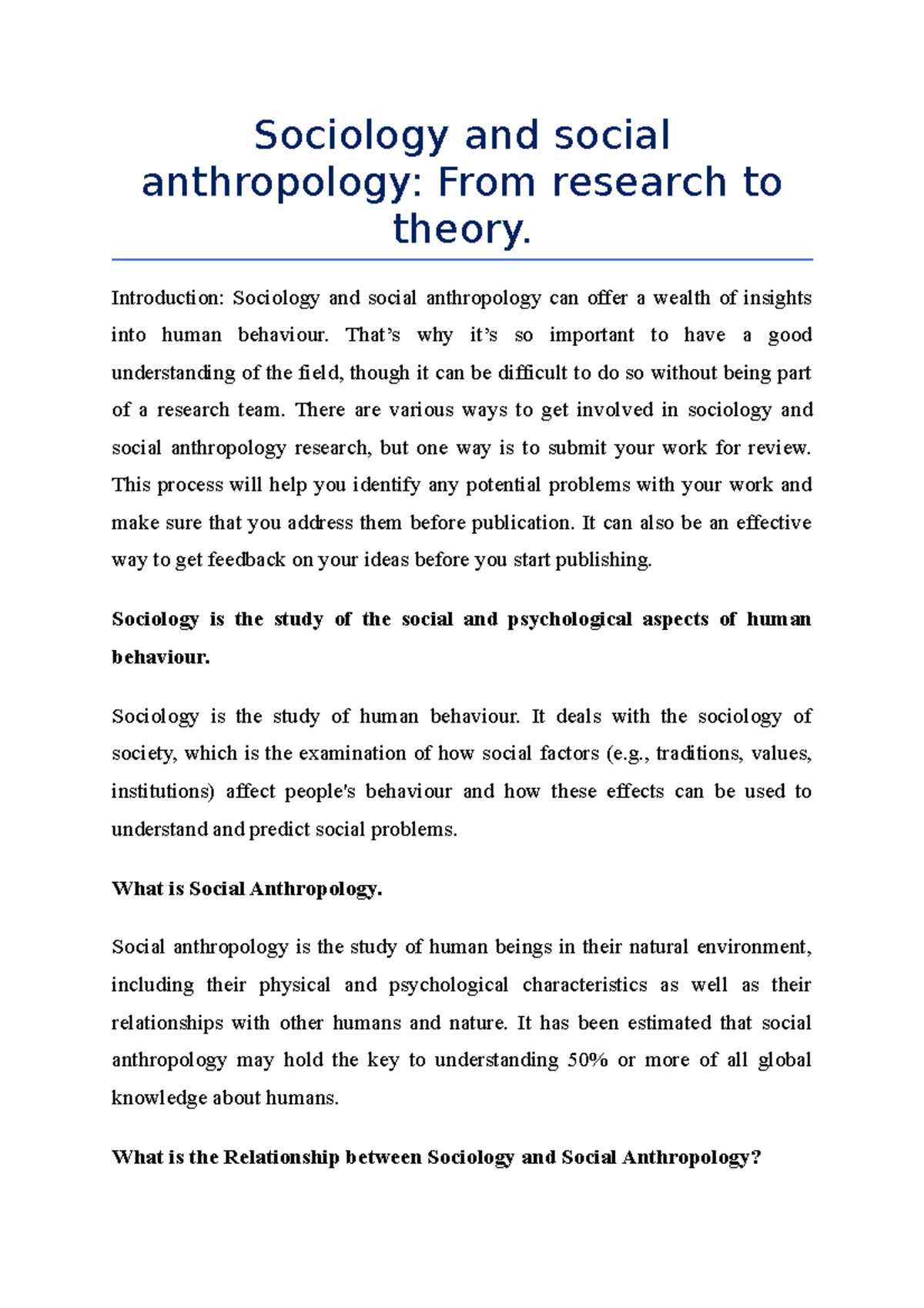 Sociology and social anthropology, From research to theory ...