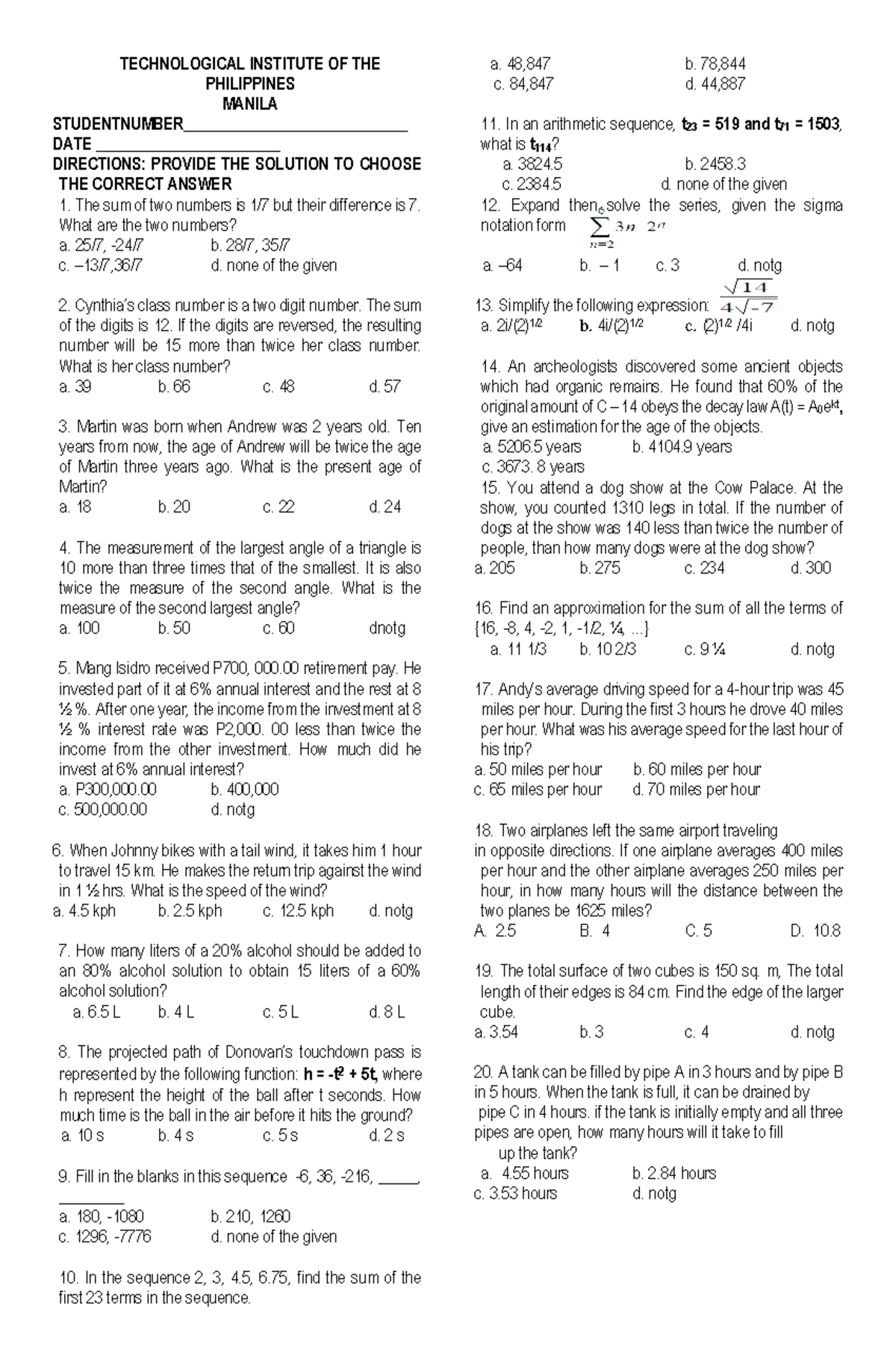 Algebra-ee-303 - non - TECHNOLOGICAL INSTITUTE OF THE PHILIPPINES ...