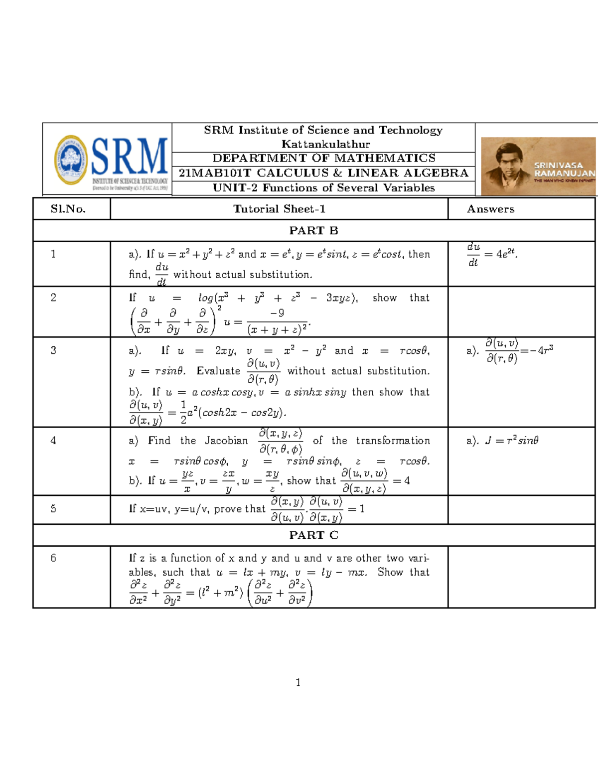 Tutorial sheet 1 - SRM Institute of Science and Technology Kattankulathur DEPARTMENT OF ...