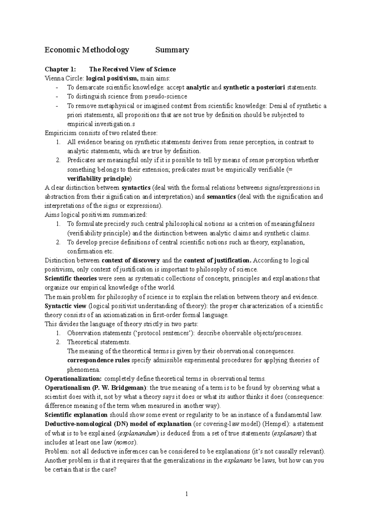 Summary Economic Methodology Chapter 1-7 - Economic Methodology Summary ...