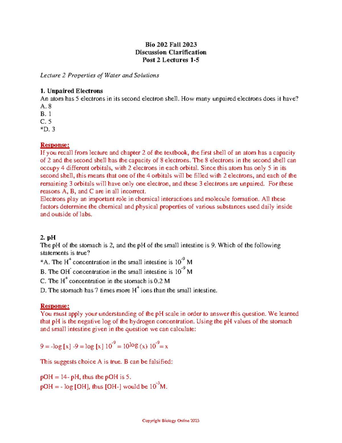 Bio 202 DBQ Post 2 Lec 1-5 F23 - Bio 202 Fall 202 3 Discussion Clarification Post 2 Lectures 1 ...