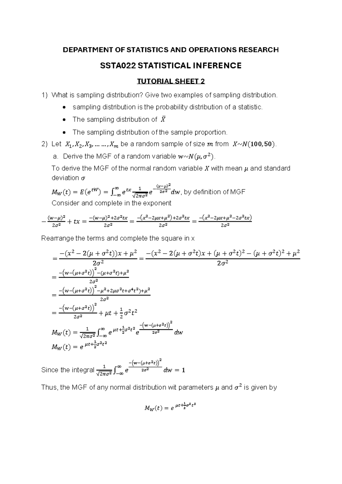 Tutorial Sheet 2 MEMO - DEPARTMENT OF STATISTICS AND OPERATIONS ...
