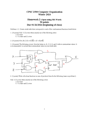Hwork 1 - WORKSHEET - CPSC 2500 Computer Organization Winter 2024 Homework 1 50 points Due - Studocu