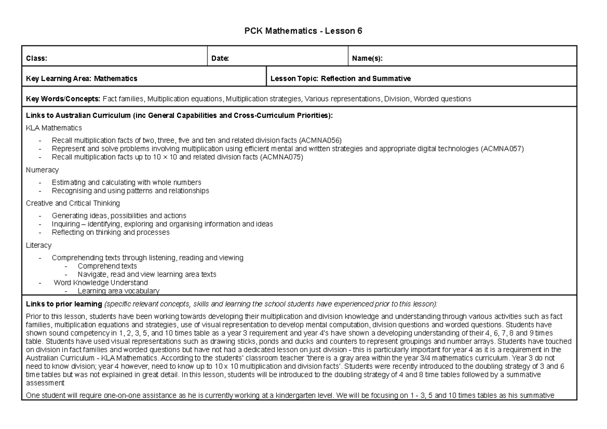 PCK Mathematics - Lesson 7 - Students have shown sound competency in 1 ...