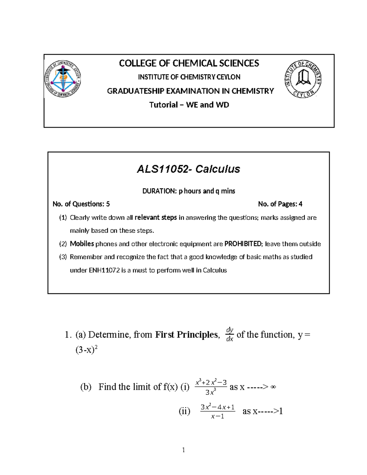 Calculus Tutorial 2024 - 1. (a) Determine, from First Principles, dy dx ...