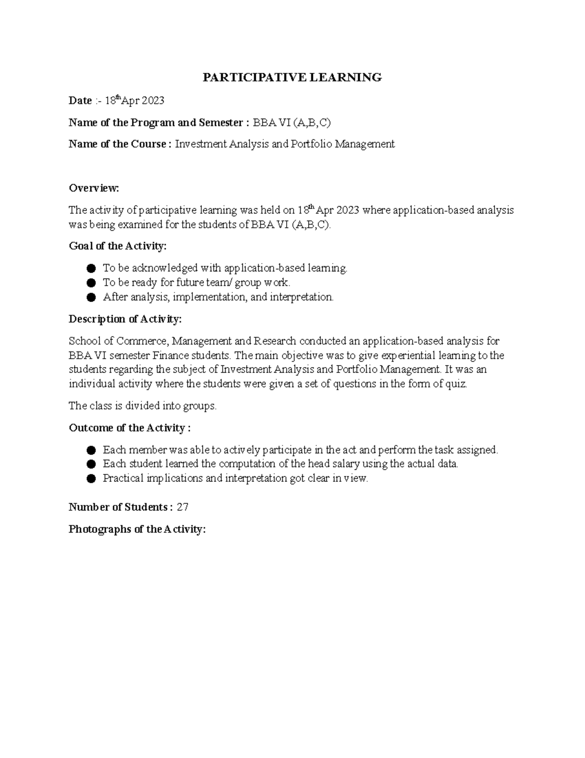 Sample Participative Learnig 2 - PARTICIPATIVE LEARNING Date :- 18thApr ...