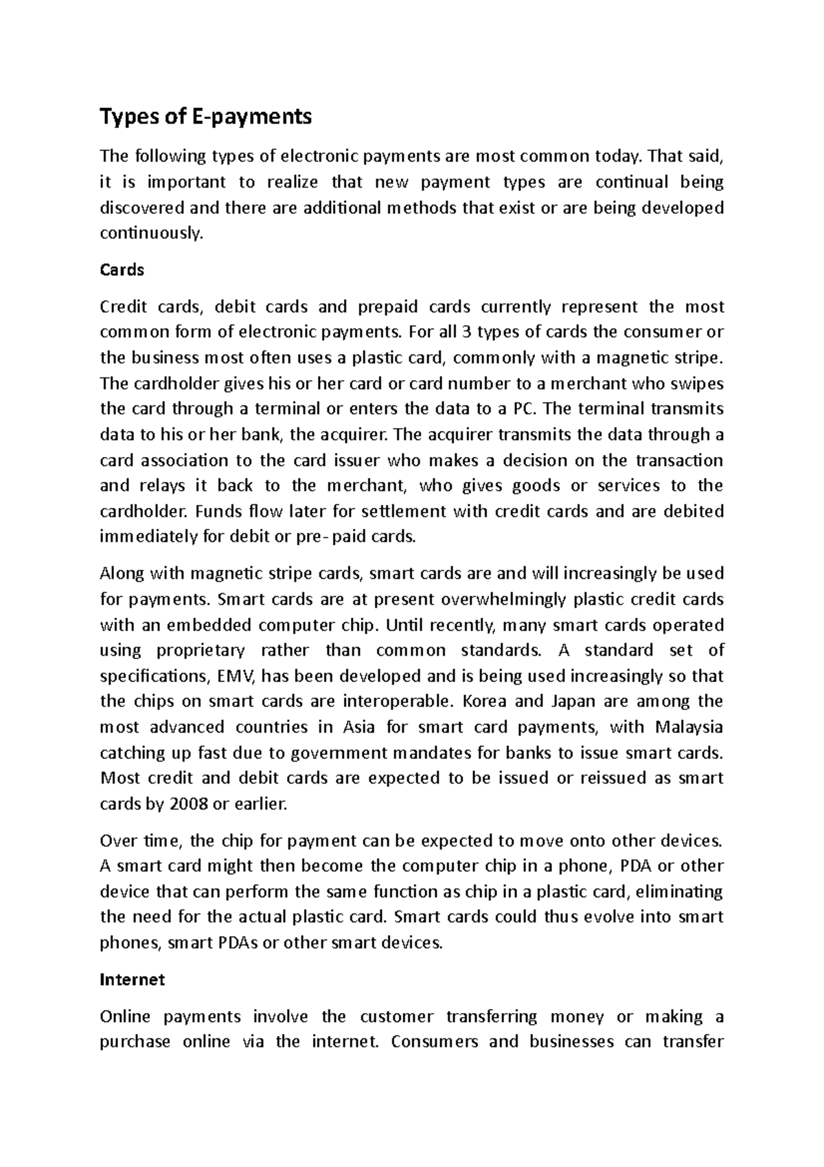 Types of E-Payments - Banking and Insurance - Types of E-payments The ...