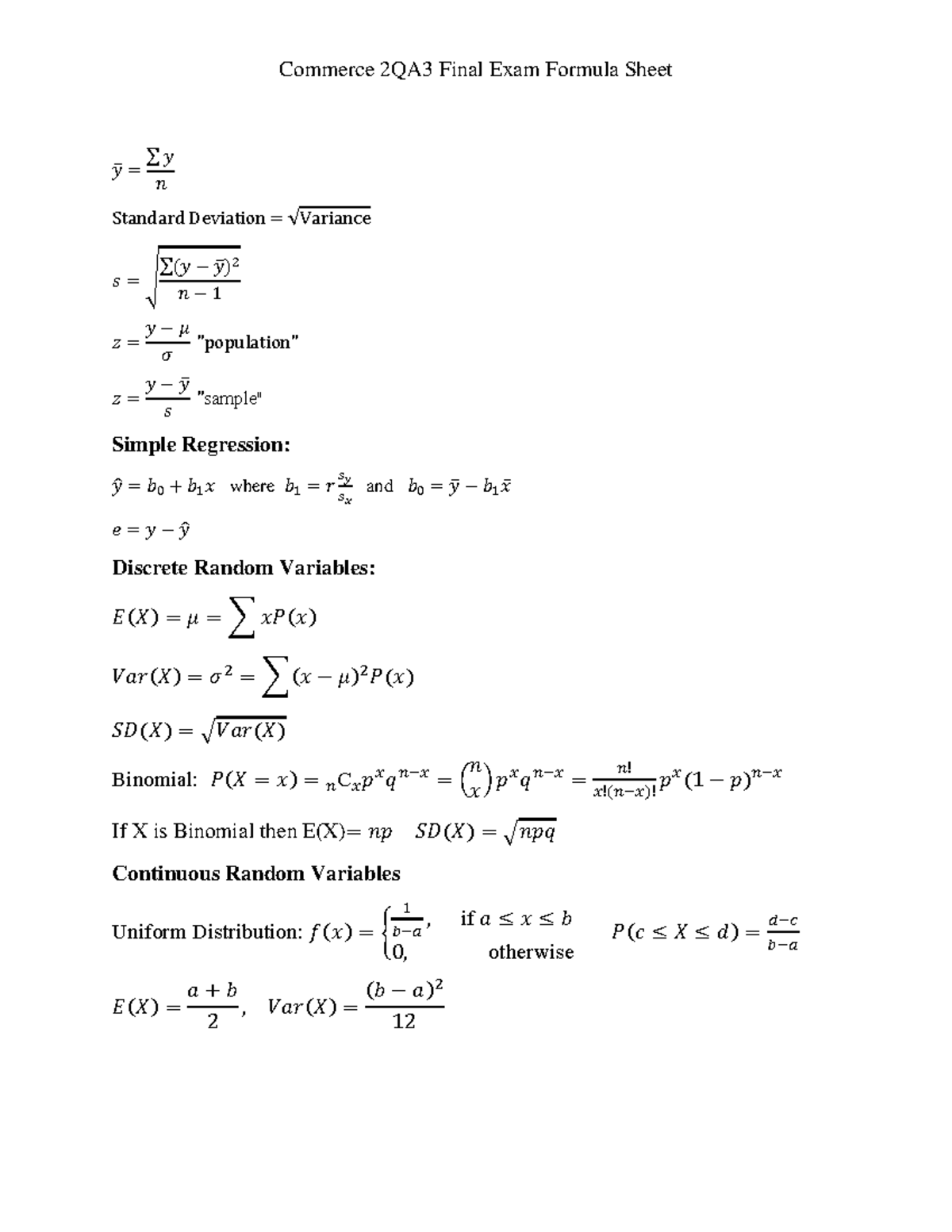 Final Exam Formula Sheet - ݕ̅ = ∑ݕ ݊ Standard Deviation = √Variance = ݏ ...