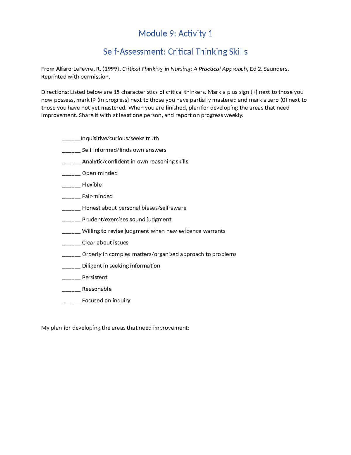 Unit 9 Self-Assessment Critical Thinking Skills - Module 9: Activity 1 ...