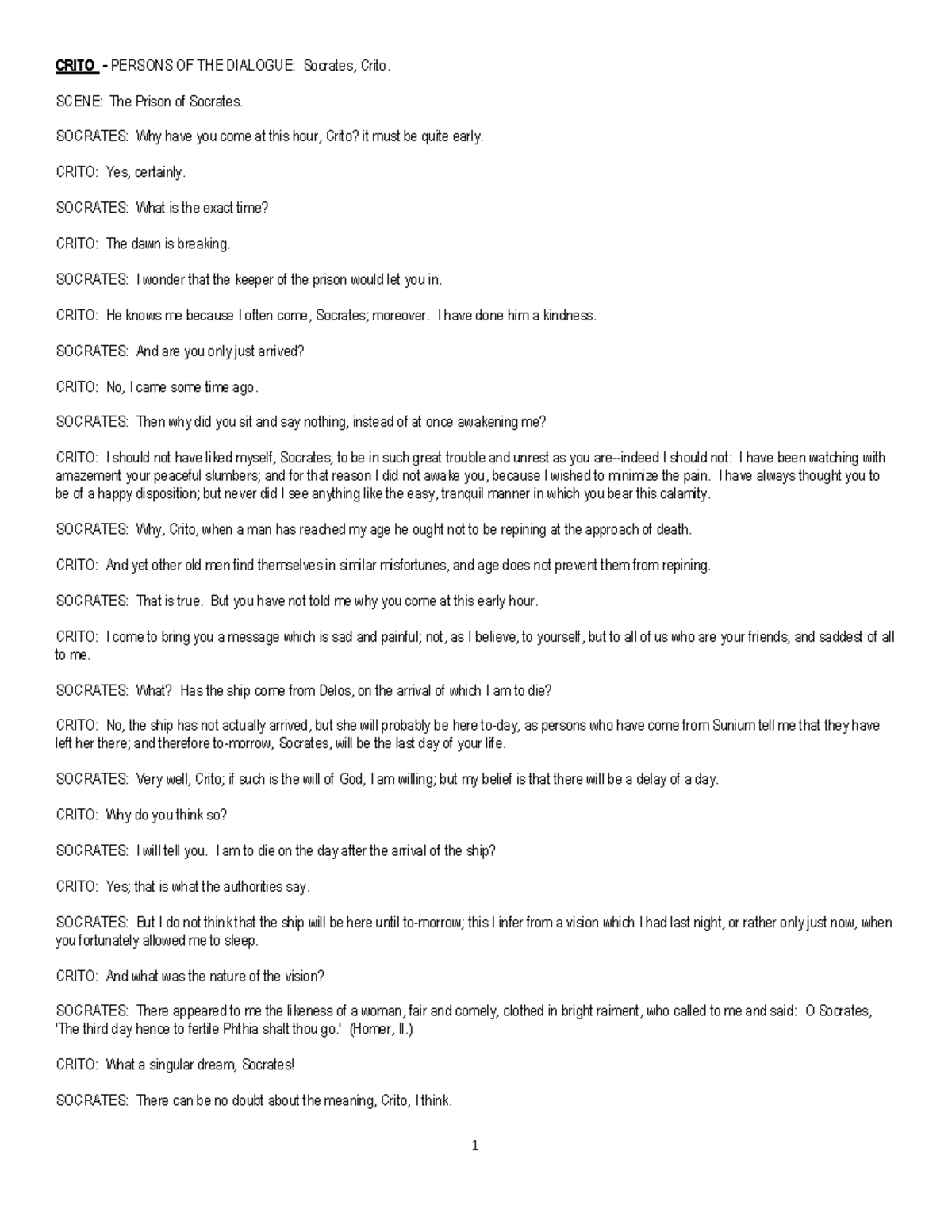 Crito Short - N/A - CRITO - PERSONS OF THE DIALOGUE: Socrates, Crito ...