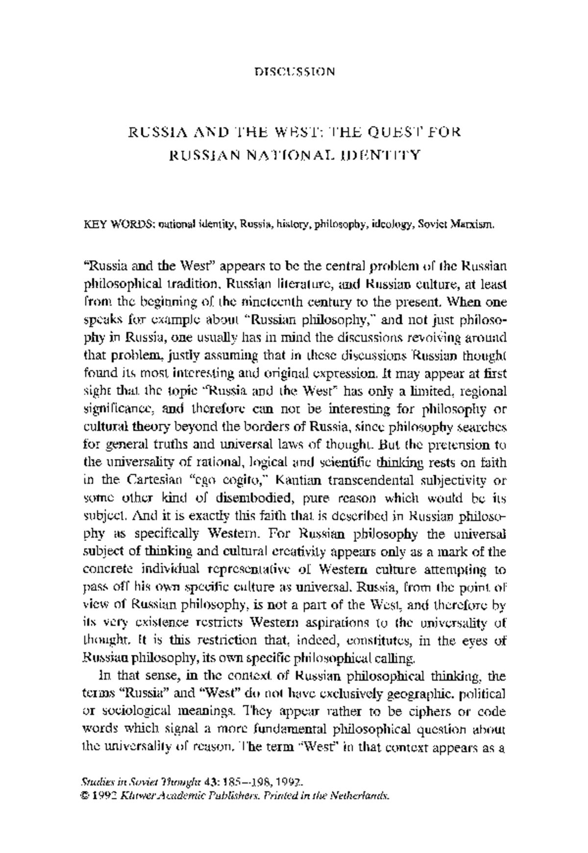 Groys 1992 Article Russia And The West The Quest For Rus - D I S C U S ...