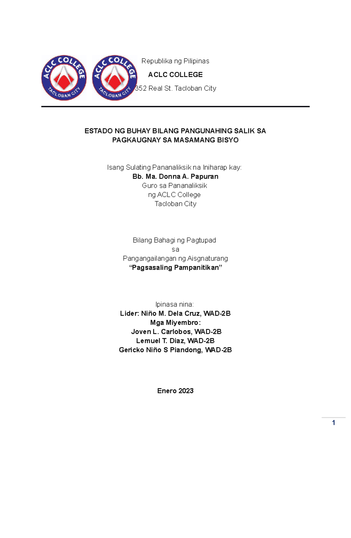 Research Chapter 1 3 Final Republika Ng Pilipinas Aclc College 352 Real St Tacloban City
