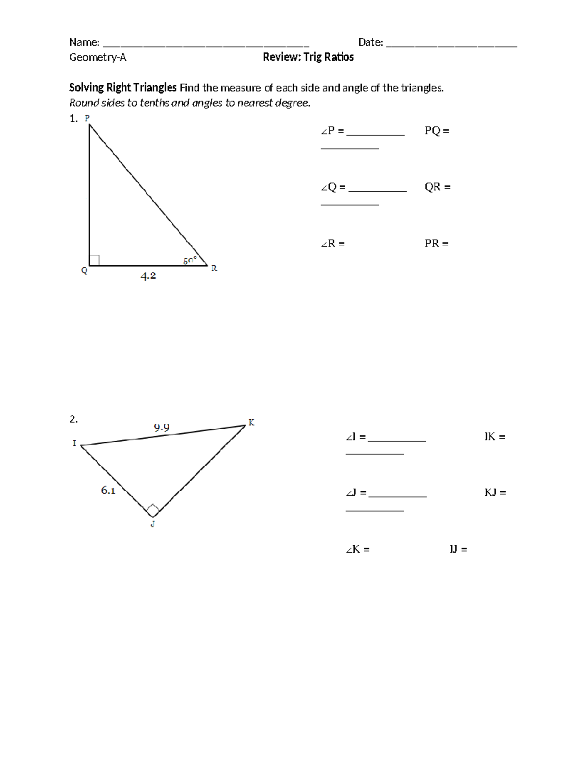 Review trig ratios - Name: ____________________________________ Date