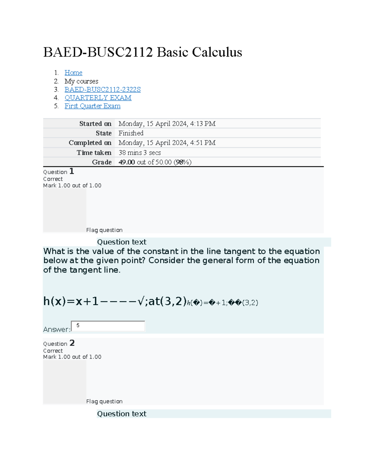 BAED-BUSC2112 Basic Calculus EXAM 1 - BAED-BUSC2112 Basic Calculus 1 ...