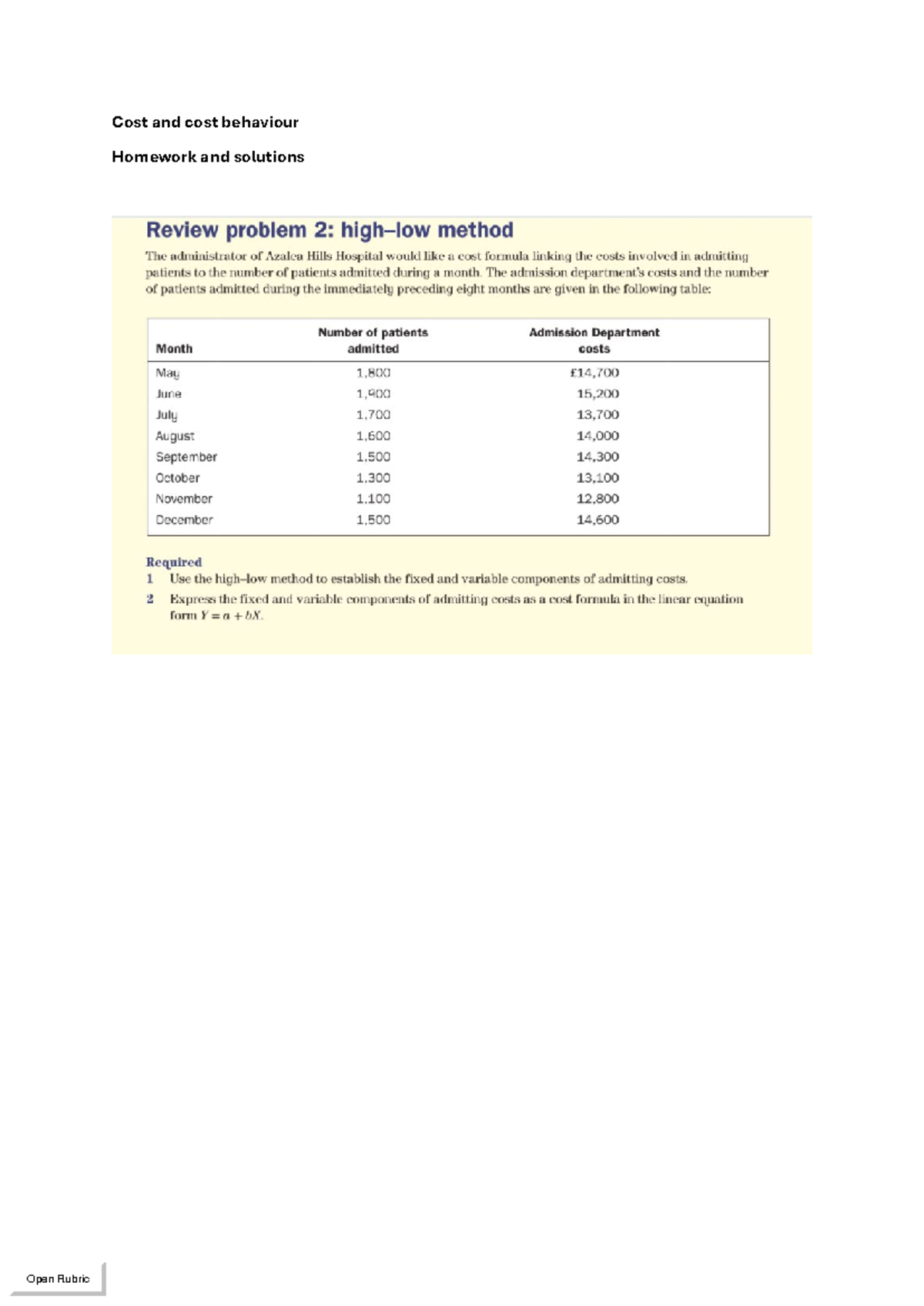 High low Homework and solutions 3-1 - FBS 121 - Cost and cost behaviour ...
