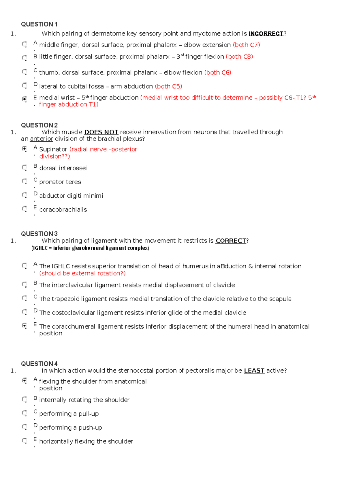 Practice quiz Upper LIMB - QUESTION 1 1. Which pairing of dermatome key ...