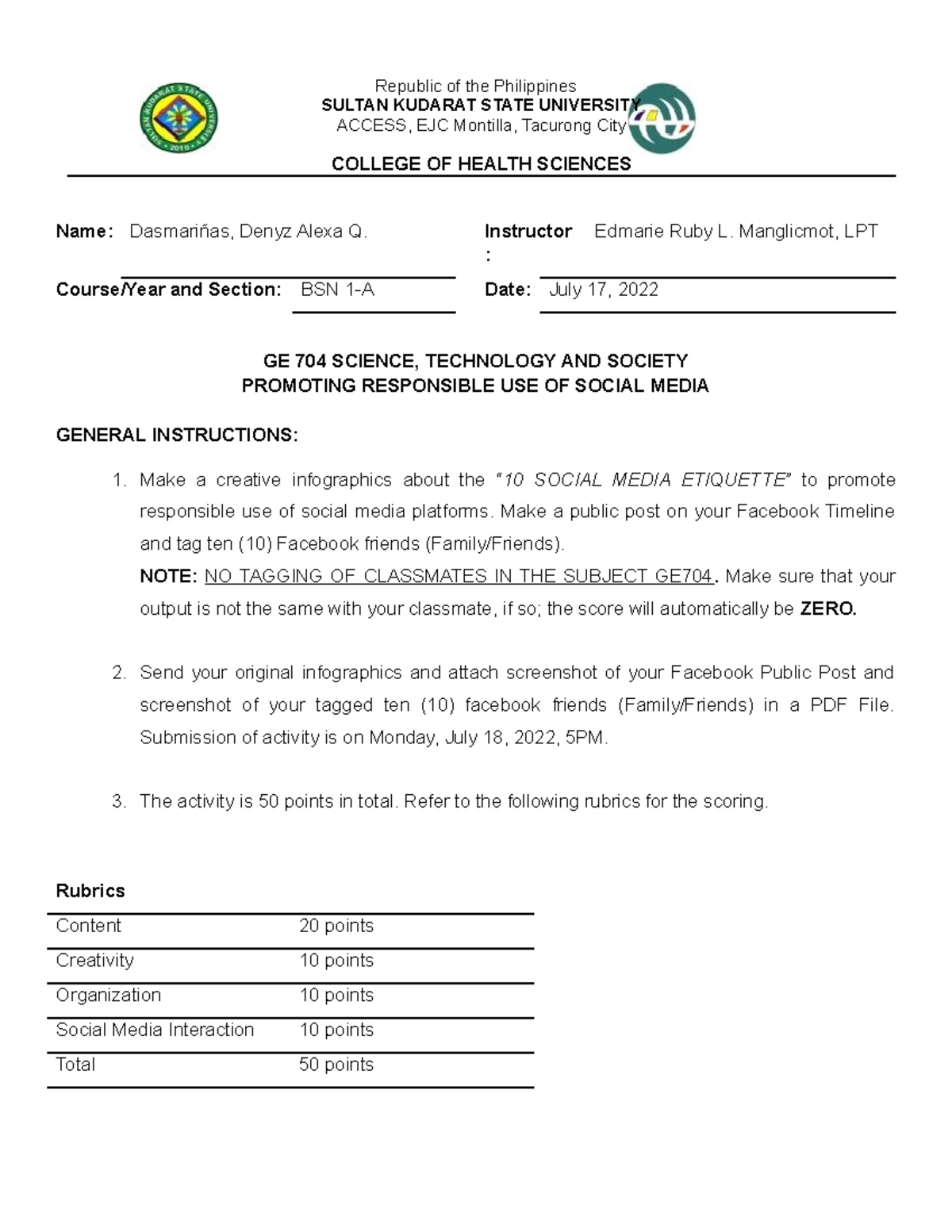 Science Technology AND Society Activity NO. 3 Infographics - Republic ...