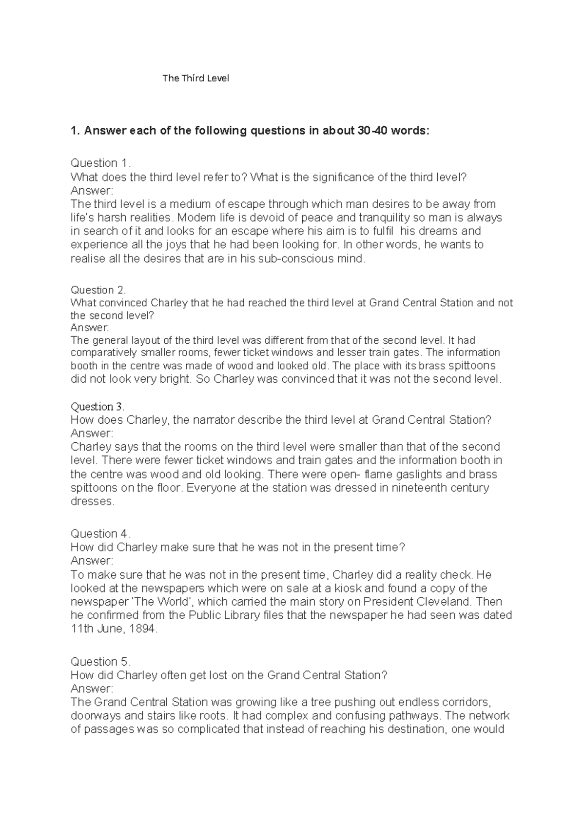 The Third Level ( class 12) - The Third Level 1. Answer each of the ...